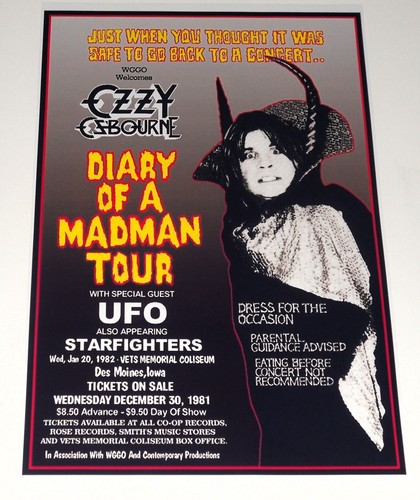 Ozzy Osbourne 1982 Tour WGCO Iowa w/ UFO Promo Black Sabbath Poster 19 ...
