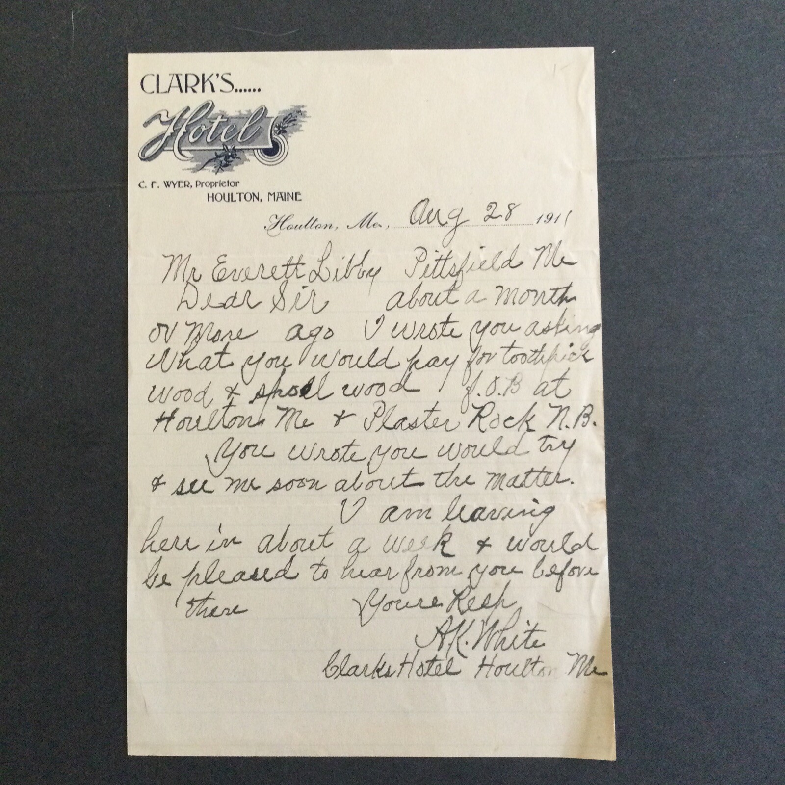 Antique Letter, 1911, Clark’s Hotel Houlton Maine Stationary ...