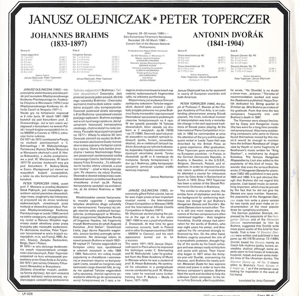 BRAHMS 7 Hungarian Dances DVORAK 5 Slavonic Dances OLEJNICZAK TOPERCZER ...