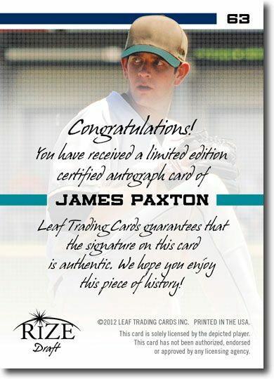 JAMES PAXTON 2012 Rize Rookie Autograph GOLD Auto RC #/100 | eBay