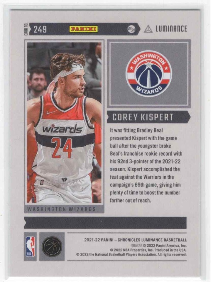 2021-22 Chronicles Luminance Corey Kispert Rookie Washington Wizards ...