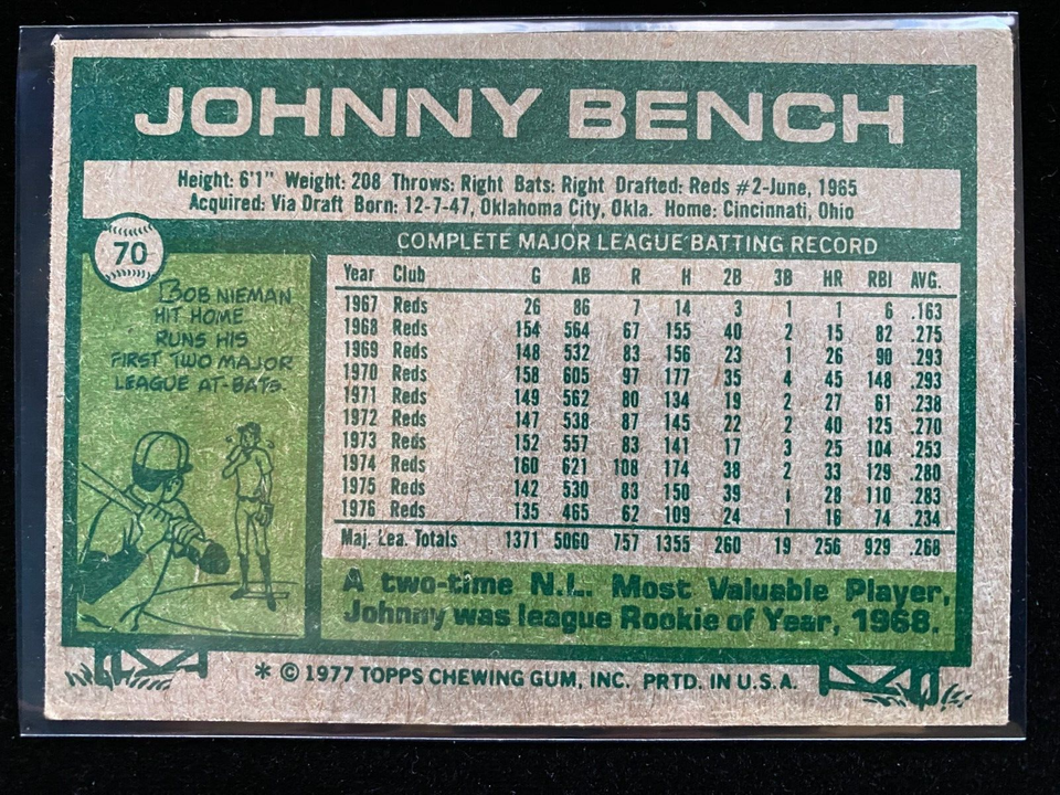 1977 Topps JOHNNY BENCH #70 N.L. ALL-STAR Cincinnati Reds HALL OF FAME ...