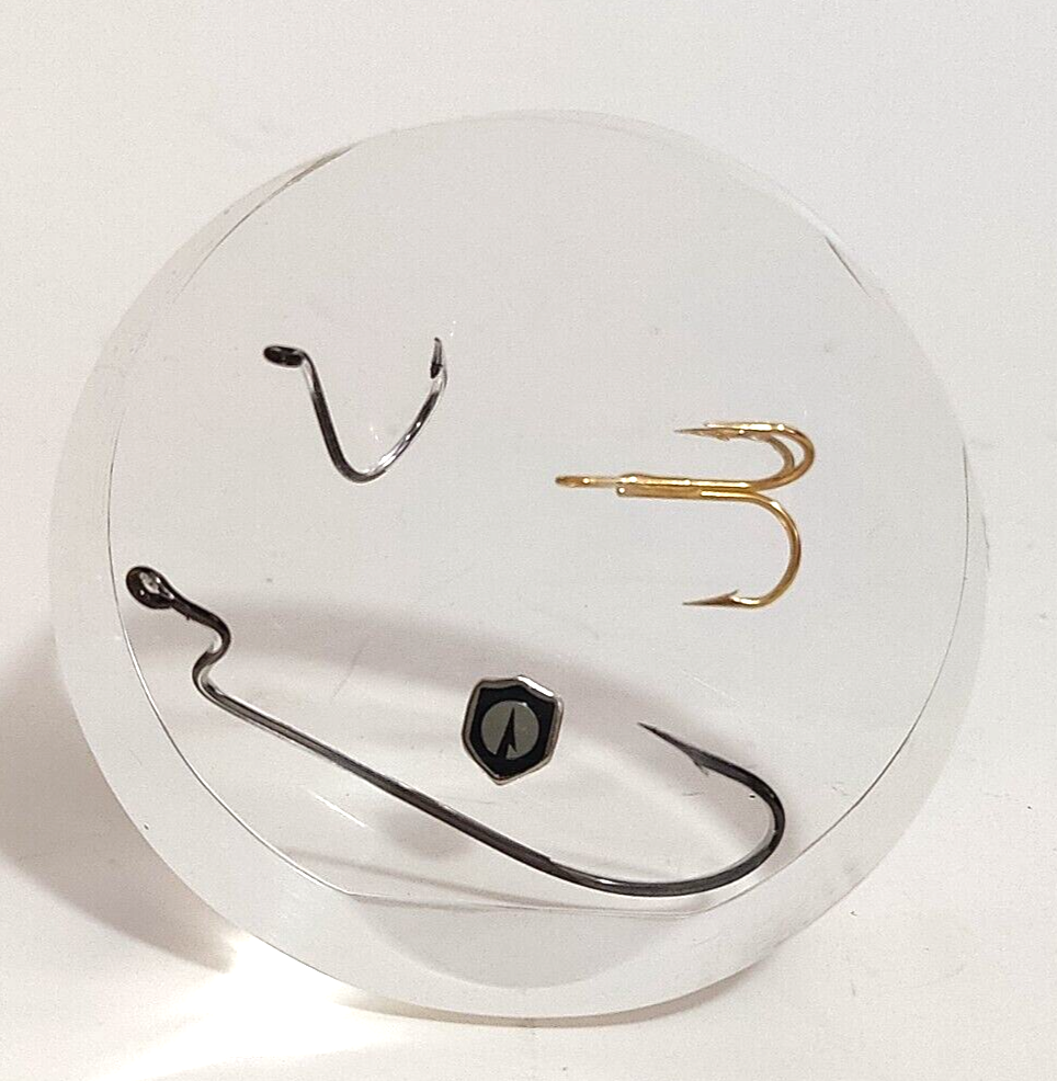 Vintage Lucite Paperweight w/ Fishing Hooks Fisherman's Round Beveled ...
