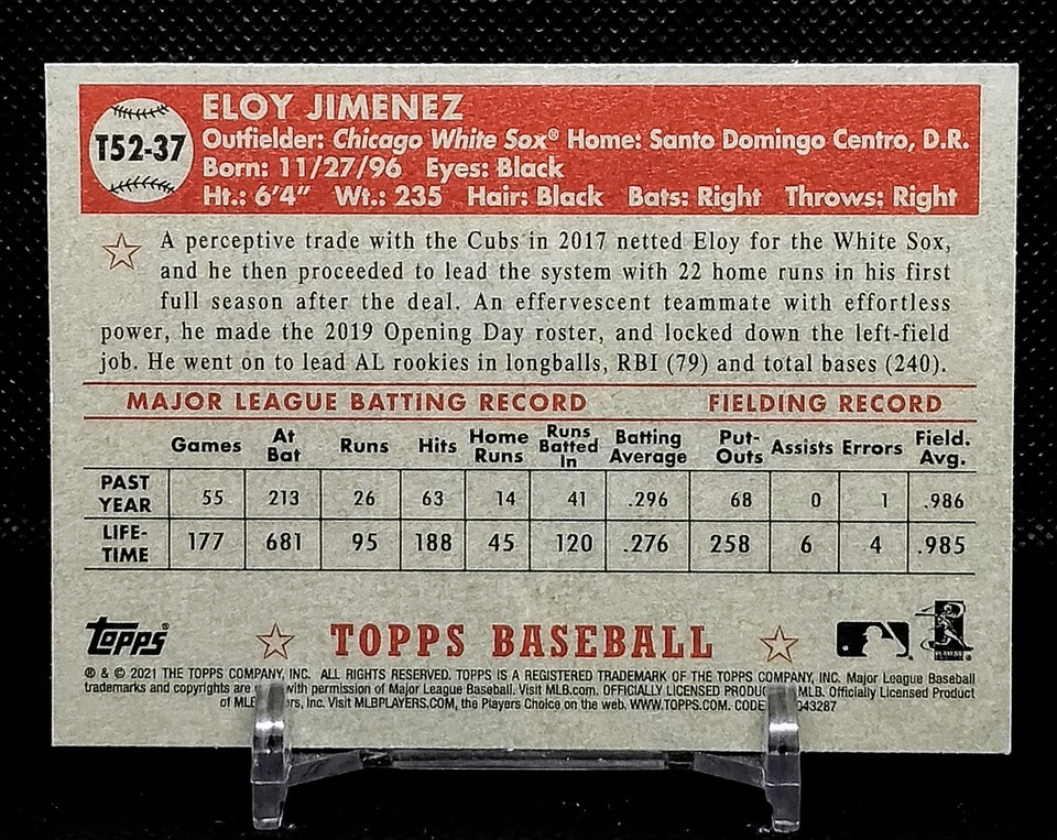 ELOY JIMENEZ. 2021 Topps Baseball. '52' Topps Insert. #37. Chicago ...