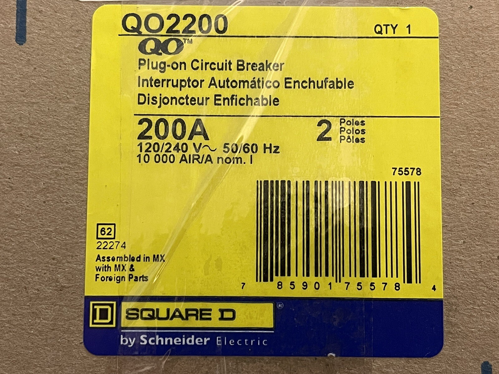 Square D QO2200 Plug-on Circuit Breaker, 2 Poles, 200 AMP, 120/240V, 50 ...