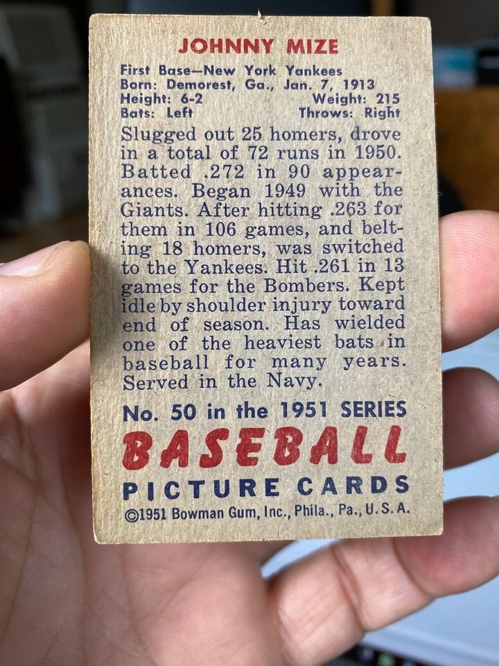 1951 BOWMAN #50 THE BIG CAT JOHNNY MIZE NEW YORK YANKEES EX BASEBALL ...