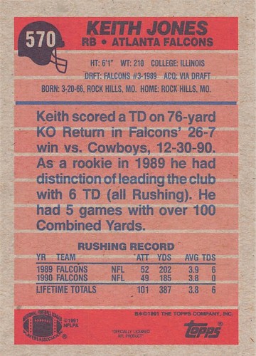 Keith Jones 1991 Topps 570 Atlanta Falcons Football Card | eBay