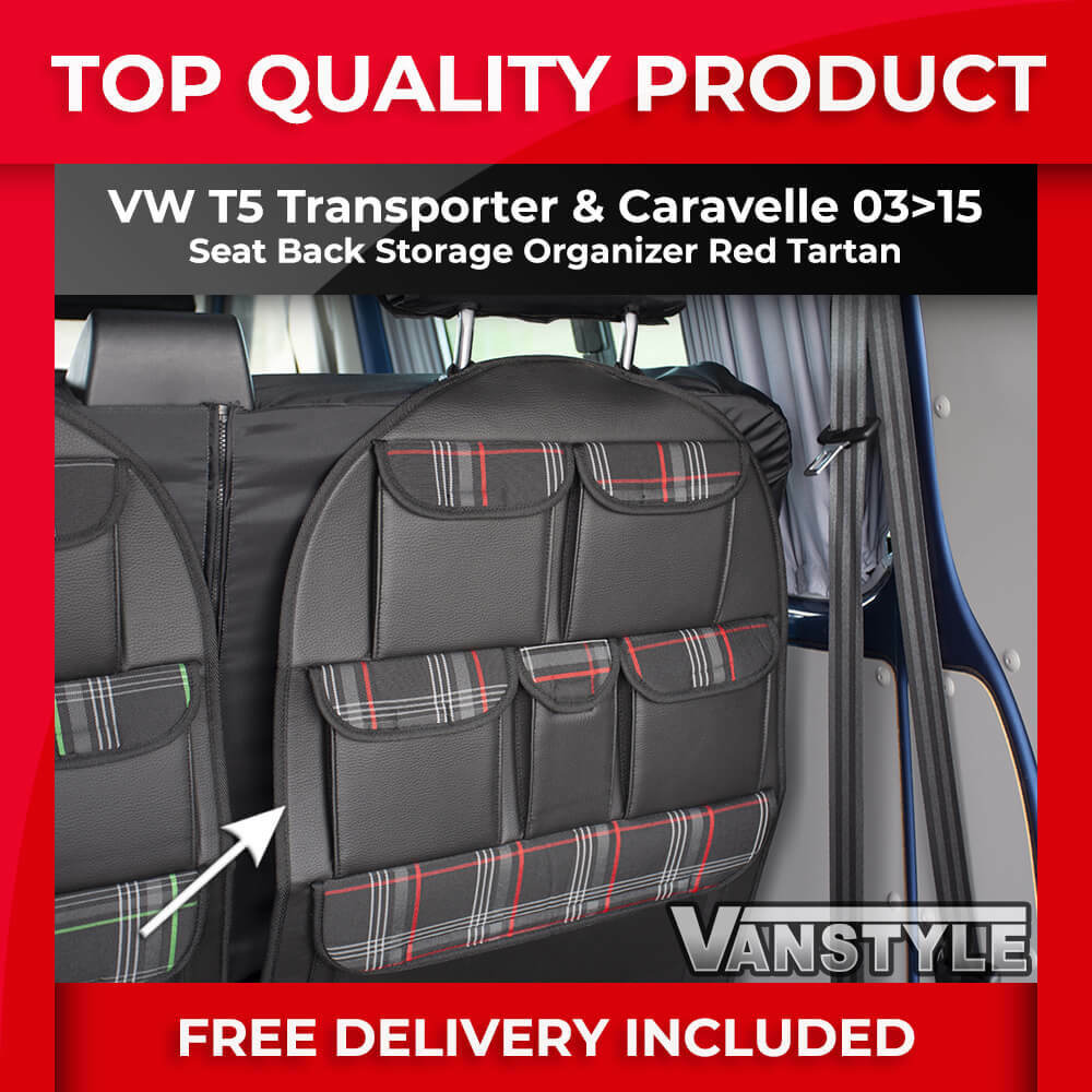 FITS VW T5 TRANSPORTER RED HEADREST SEAT BACK ORGANIZER STORAGE ...