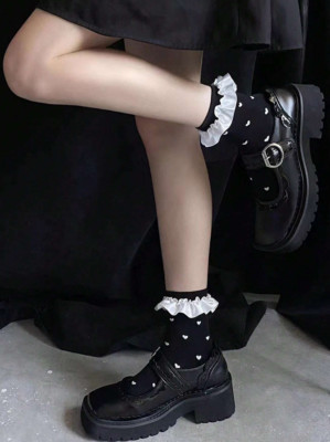 Women's Emo Black White Kawaii Goth Heart Pattern Frill Ruffled Crew ...