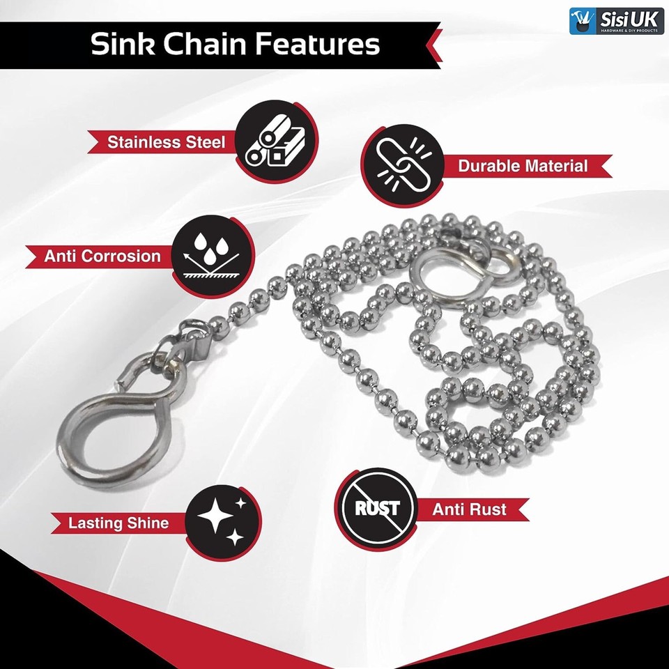 REPLACEMENT CHROME 12" 18" SINK BASIN BATH BALL PLUG CHAIN AND S HOOK ...