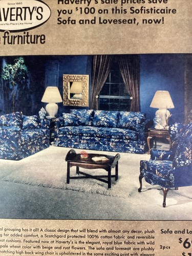 Atlanta GA Print Ad 1981 AJC Haverty’s Furniture Sofa Blue Flowers ...