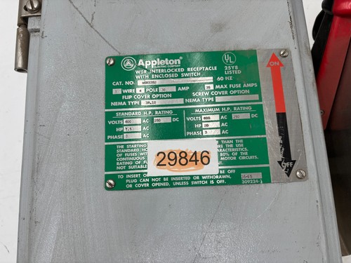 Appleton WSR3352 Interlocked Receptacle w/ Enclosed Switch 30 Amp ...