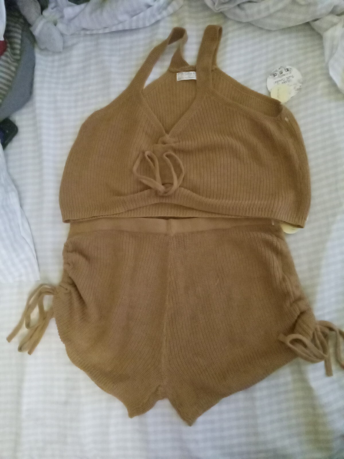 Jolie & Joy FCT Love Lt Set Brown Cable Knit Cotton Cami Top and shorts ...