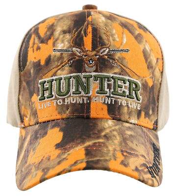 HUNTER LIVE TO HUNT DEER BUCK OUTDOOR SPORTS CAP HAT ORANGE CAMO TAN | eBay
