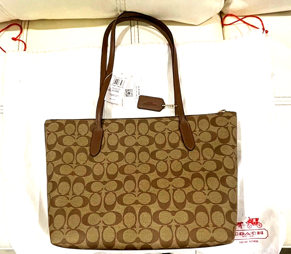 NWT COACH Signature Coated Canvas Zip Shoulder Tote Bag,/Saddle, 4455 ...