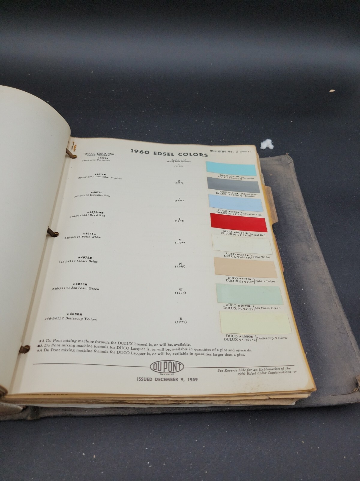 1960 DUPONT EDSEL COLORS PAINT CHIP SWATCH SHEET BULLETIN NO 3 SHEET 1 ...