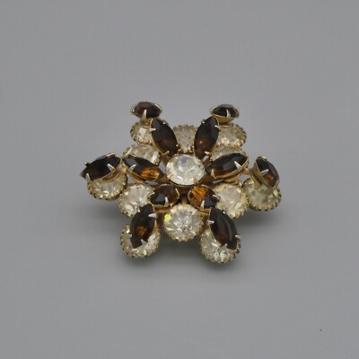 Vintage Brown Clear Rhinestone Brooch Pin 3D Navette Dome Swedge Gold ...