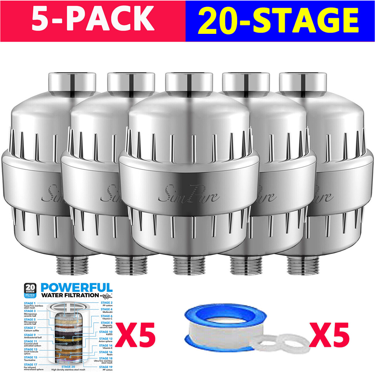 20Stage Shower Filter for Hard Water, Universal Shower Head Water ...