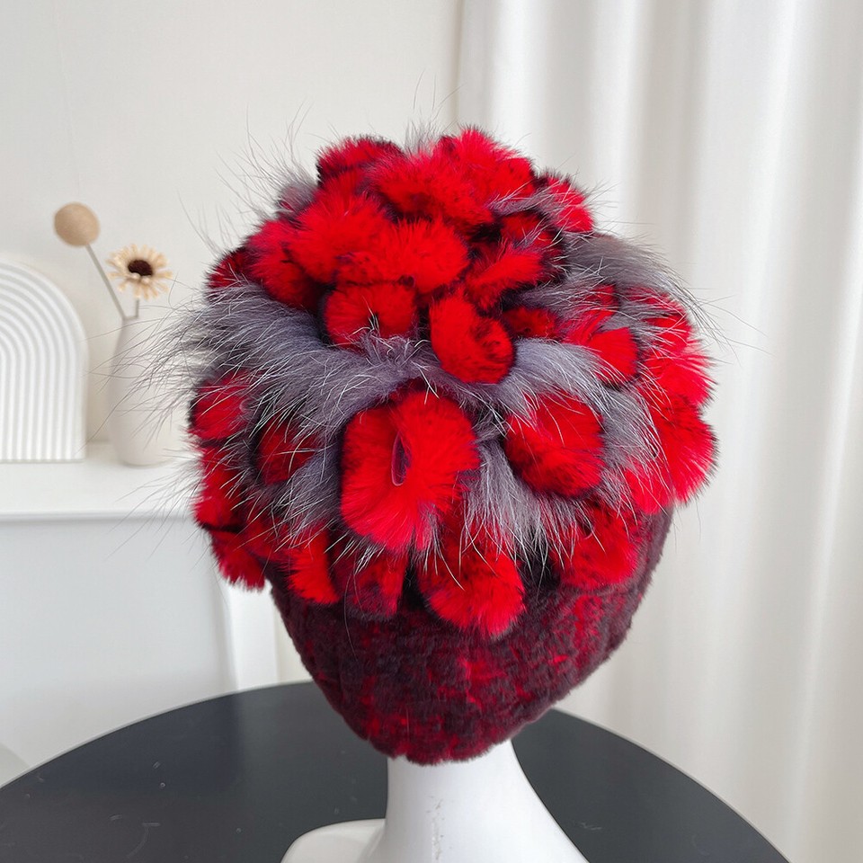 Women's Real Rex Rabbit Fur Hat Winter Warm Knitted Stretch Beanie ...
