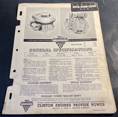 1958 CLINTON ENGINES AVS-3100-1000 GEM PARTS MANUAL 7 PAGES (316) | eBay