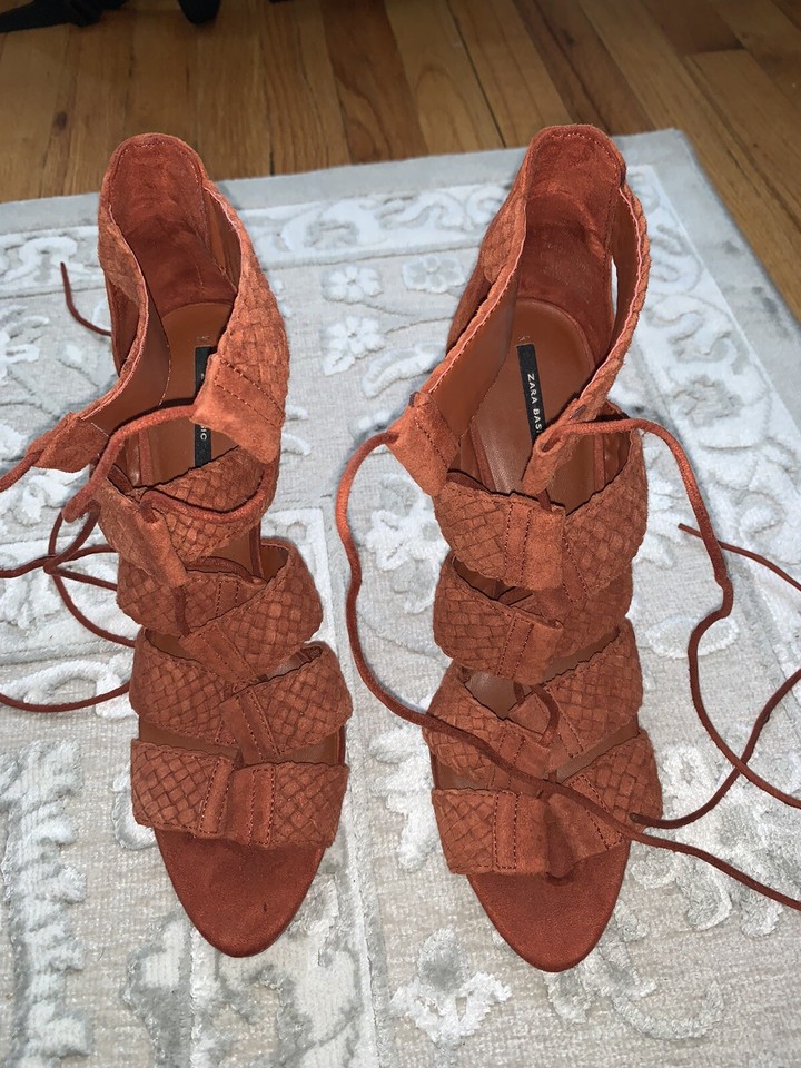 Zara Brick Red Braided Lace-Up Heel Suede Sandals Size 41 | eBay