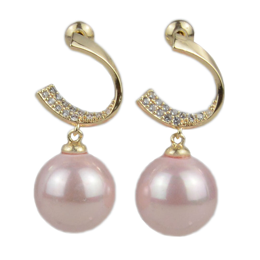 12mm Round Shell Pearl Drop Dangle Earrings 18K Gold Plated Zircon ...