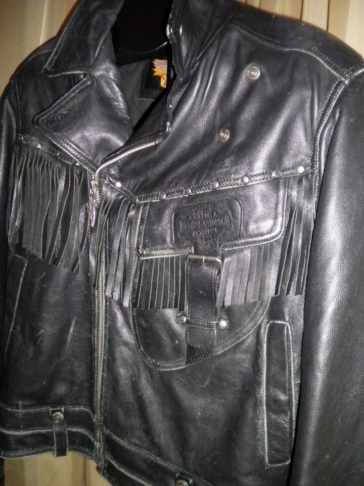 Harley Davidson LARGE Leather Jacket Border Hawk FLSTS Fringe Conchos ...