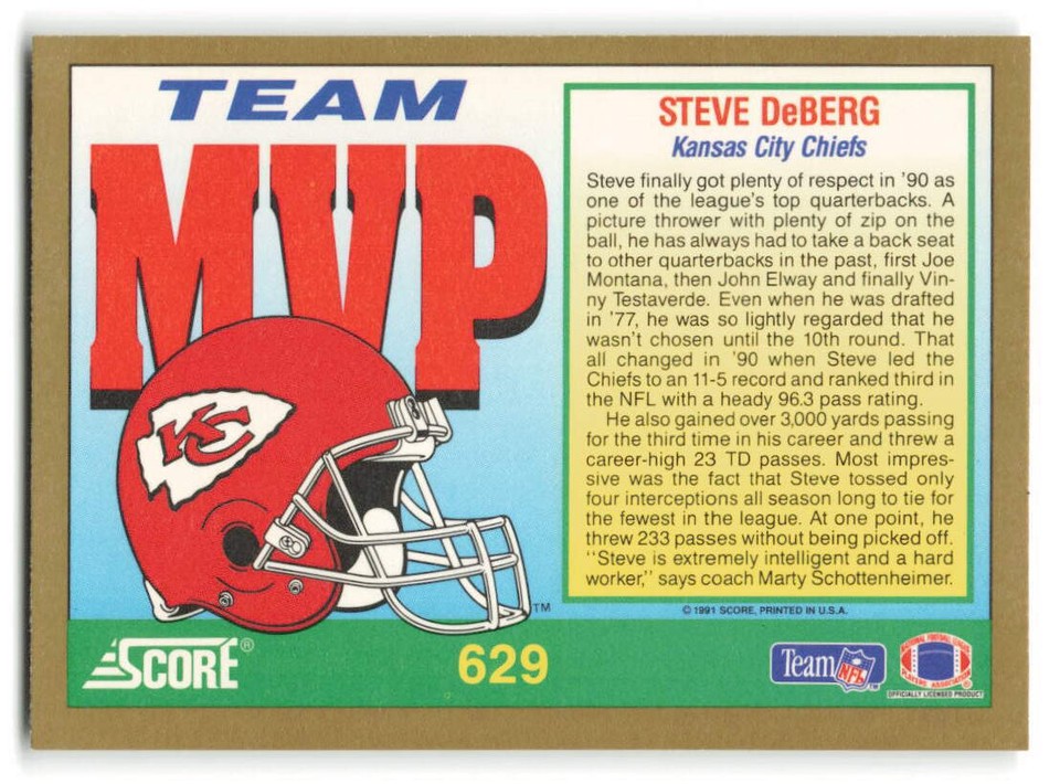 Steve DeBerg 1991 Score FOOTBALL #629 Kansas City Chiefs Team MVP (1467 ...