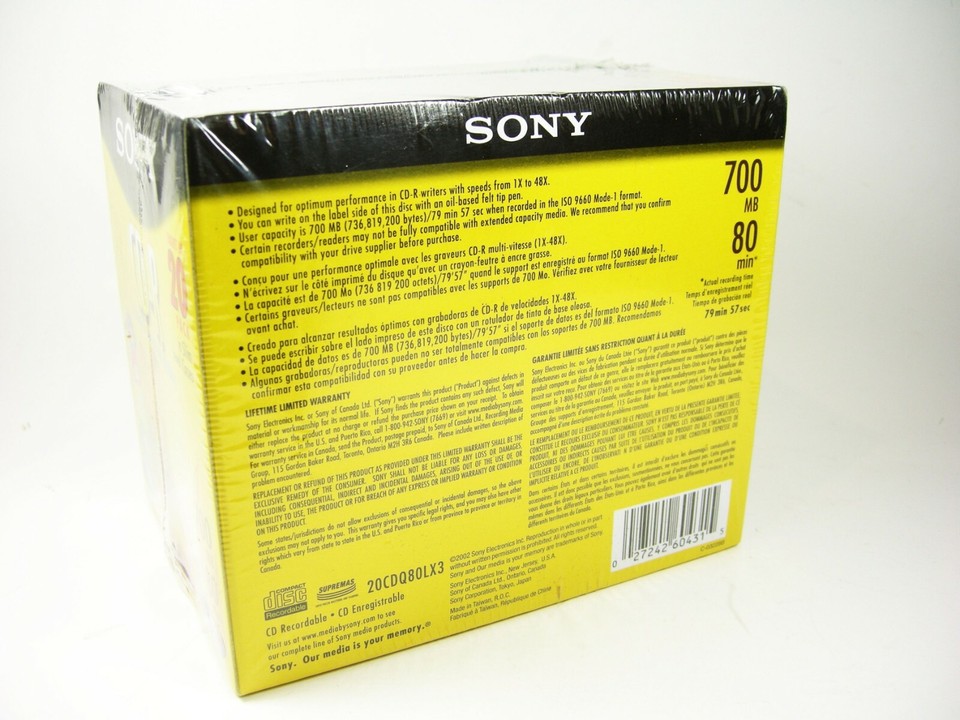 NEW Sony CD CD-R 20 Pack with Color Slim Jewel Cases 80 Min 20CDQ80LX3 ...