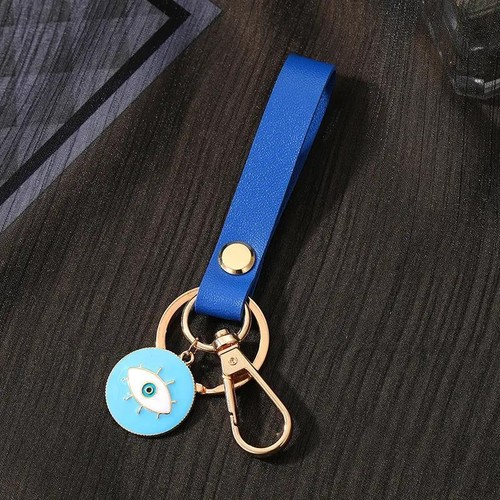 Evil Eye Greek Mati Round Blue Charm Blue PU Leather Key Chain Keyring ...