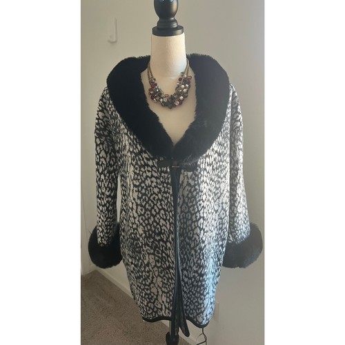 Northern Angel Black Faux Fur Trim Leopard Design Cardigan Sweater Sz S ...