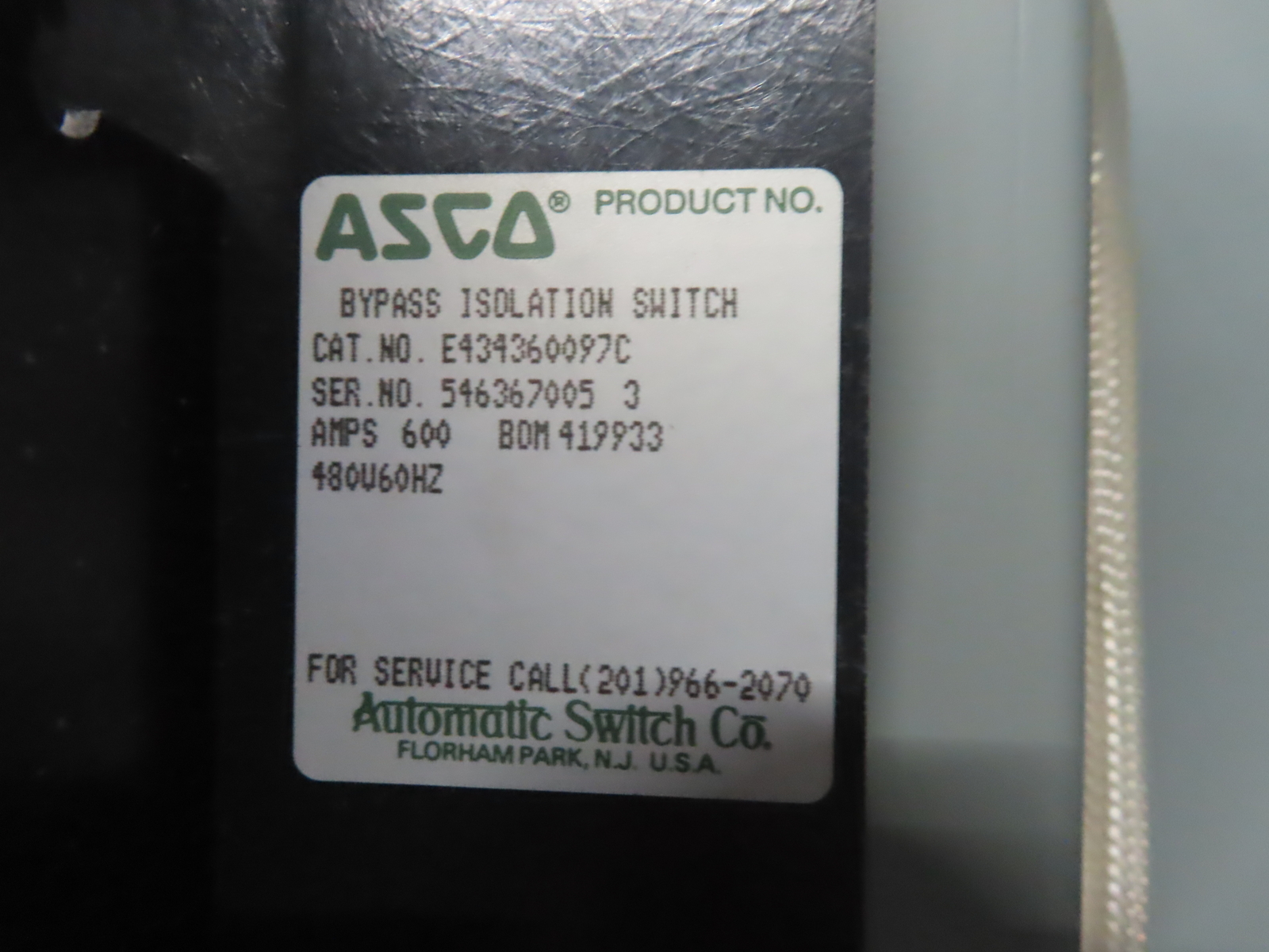 ASCO 434 AUTOMATIC TRANSFER SWITCH E434360097C 600A 480V 3PH 1YEAR ...