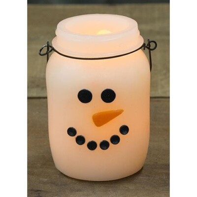 NEW PRIMITIVE SNOWMAN FACE CANDLE KEEPING JAR Timer 5.25"Hx3"W Wire ...