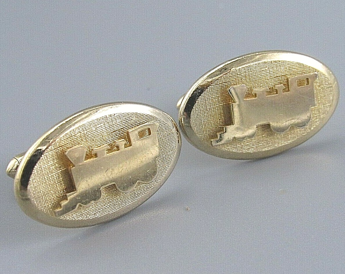 Mens Vintage Textured Gold TRAIN ENGINE CUFFLINKS Cos… - Gem