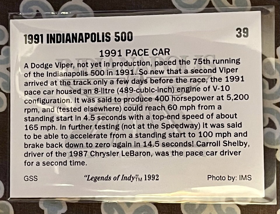 1991 Pace Car Legends Of Indy 1992 Card #39 Indianapolis Motor ...