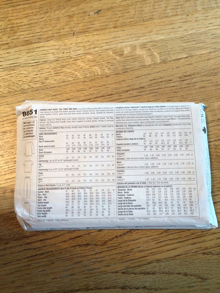 New Simplicity Wardrobe Pattern 8651 Knit Jacket, Top, Pants, Skirt 26 ...