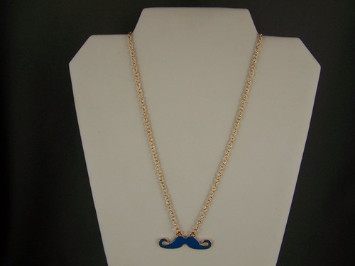Blue Gold mustache moustache pendant charm 26" long chain necklace ...