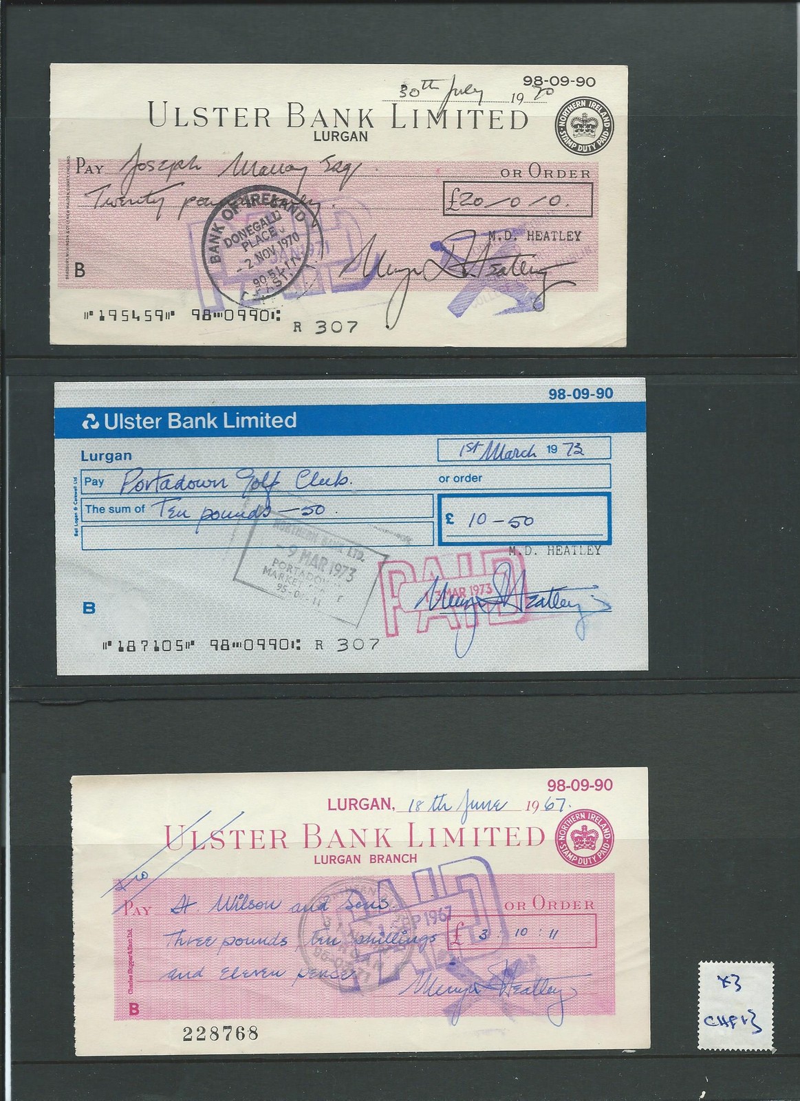 wbc. - CHEQUE FORM - USED - 1960/70's -CHQ13- ULSTER BANK LTD ...