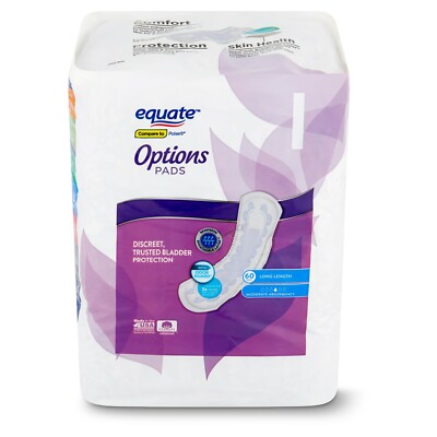 Equate Options Women Incontinence Pads Moderate Long Cotton enhanced 60 ...