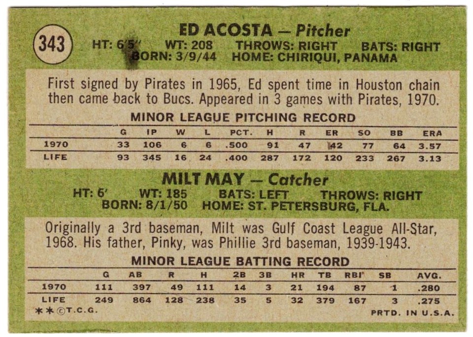 1971 Topps #343 Ed Acosta / Milt May (vg-ex) Pirates Rookie Stars RC (B ...