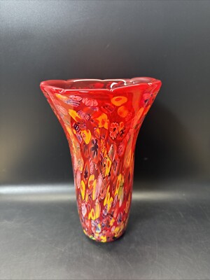 Murano Vase Made In Italy Red Millefiori Hand Blown Glass Heavy Vase 11 ...