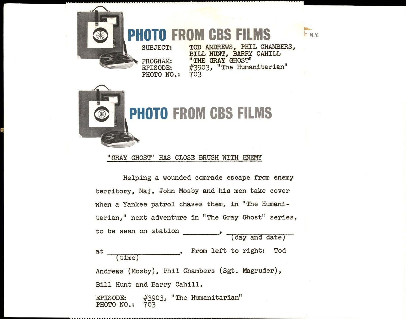 BR28 Original Photo TOD ANDREWS PHIL CHAMBERS BILL HUNT CAHILL The Gray ...