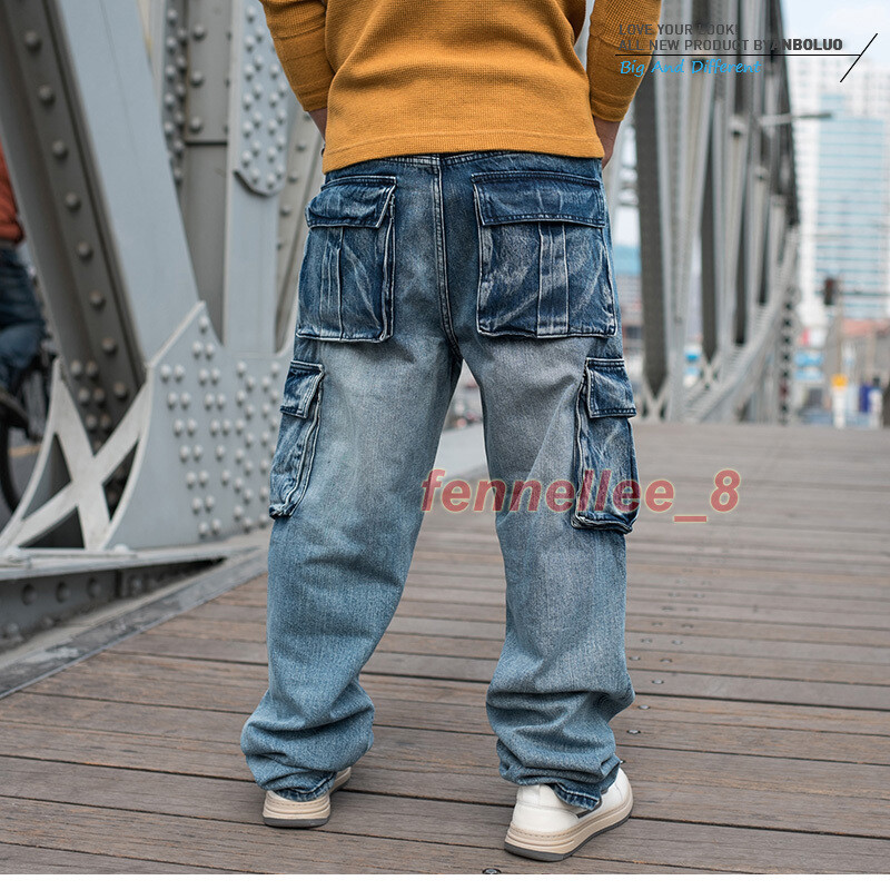 Mens Blue Denim Pockets Loose Fit Jeans Straight Lef Hip Hop Punk Pants ...