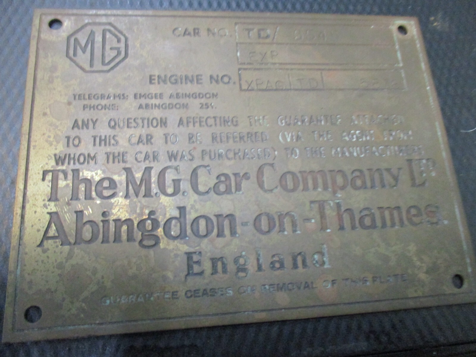 1950 MGTD original car number, engine number plate "The MG Car Company ...