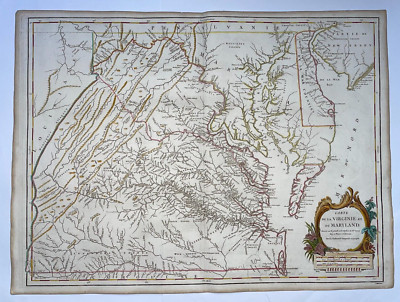 AMERICA VIRGINIA MARYLAND (1755) 1793 ROBERT DE VAUGONDY LARGE ANTIQUE ...