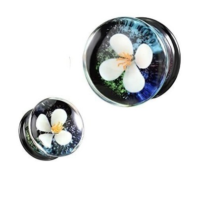 Body Accentz Earring Ear Plug Floating White Flower Double Flare Glass ...