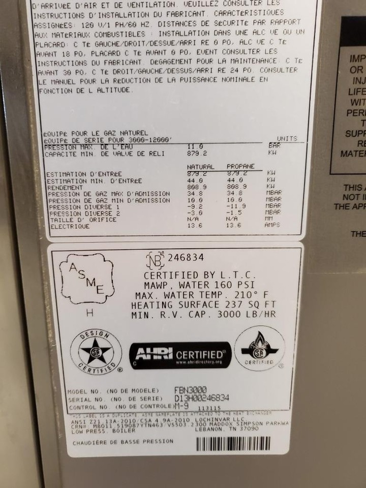 Crest Lochinvar FBN3000 Commercial Condensing Boiler Low Hours 3000 MBH ...
