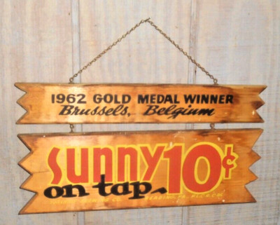 VINTAGE WOODEN TWO PC. 16" SUNNY 10 CENT BEER READING, PA. 10 CENT SIGN ...
