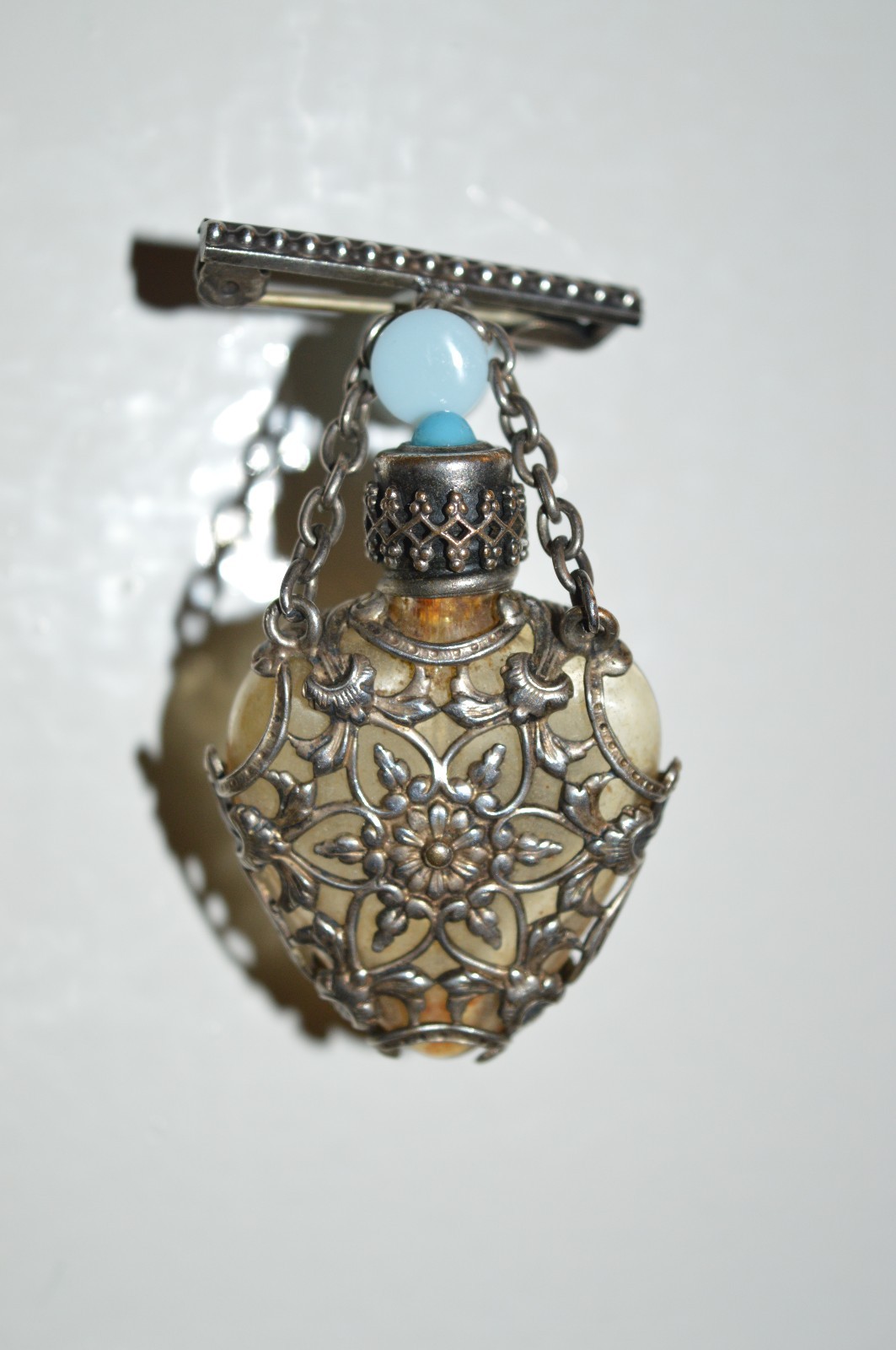 Antique silver turquoise glass perfume scent bottle brooch pin. | eBay