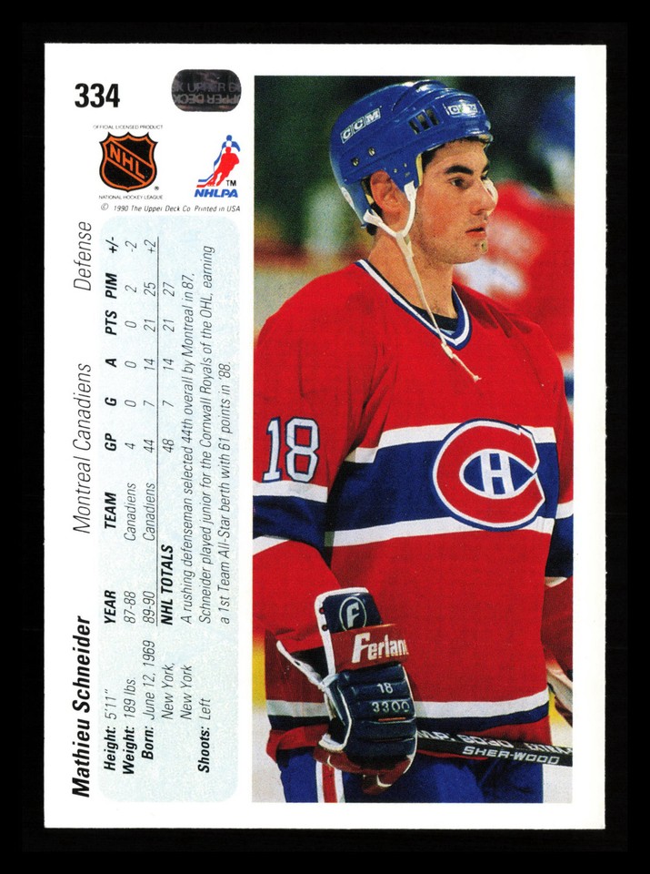 Mathieu Schneider 1990-91 Upper Deck Hockey NHL #334a Montreal ...